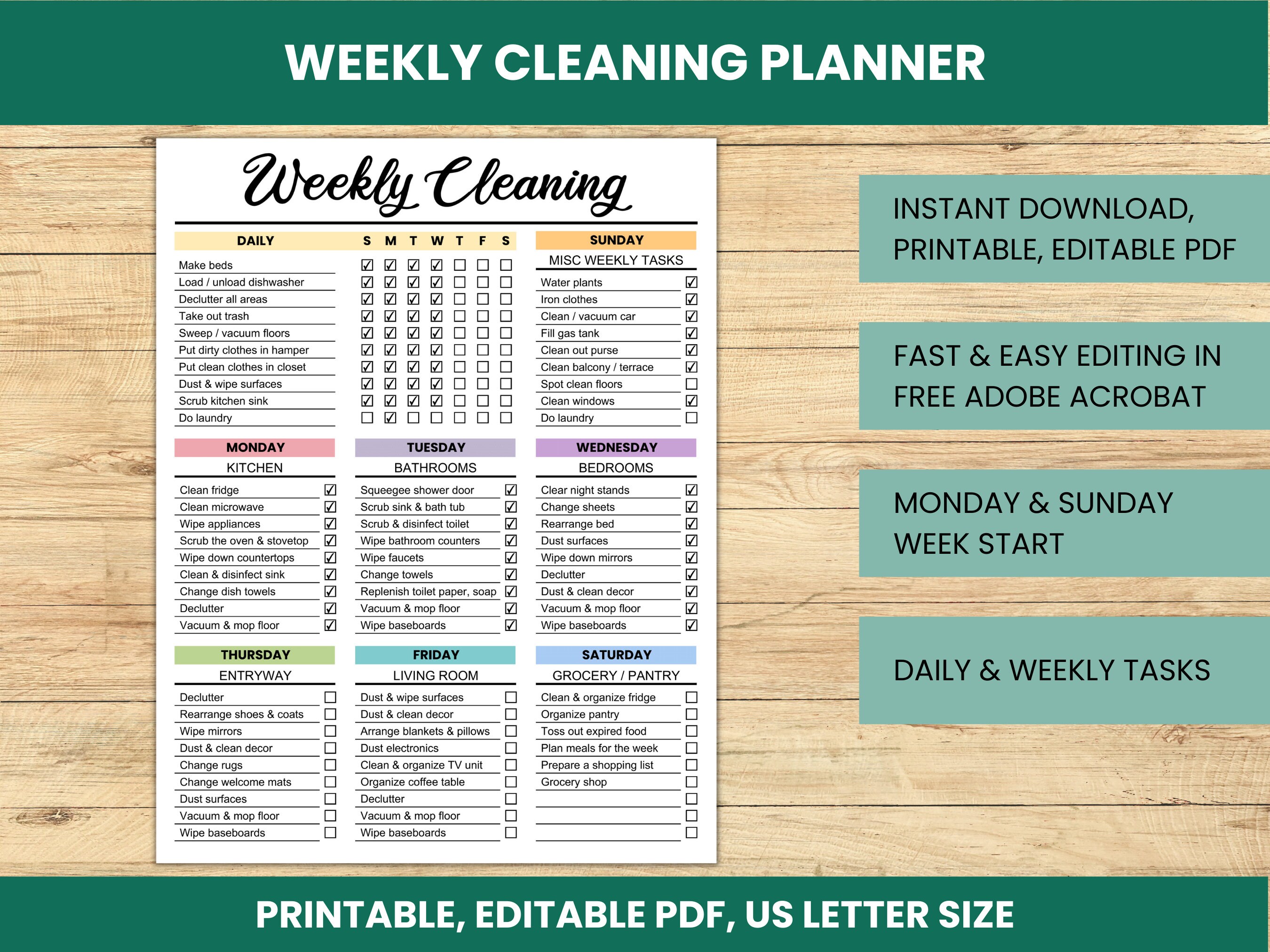 Editable Weekly Cleaning Checklist Printable Cleaning - Etsy Australia