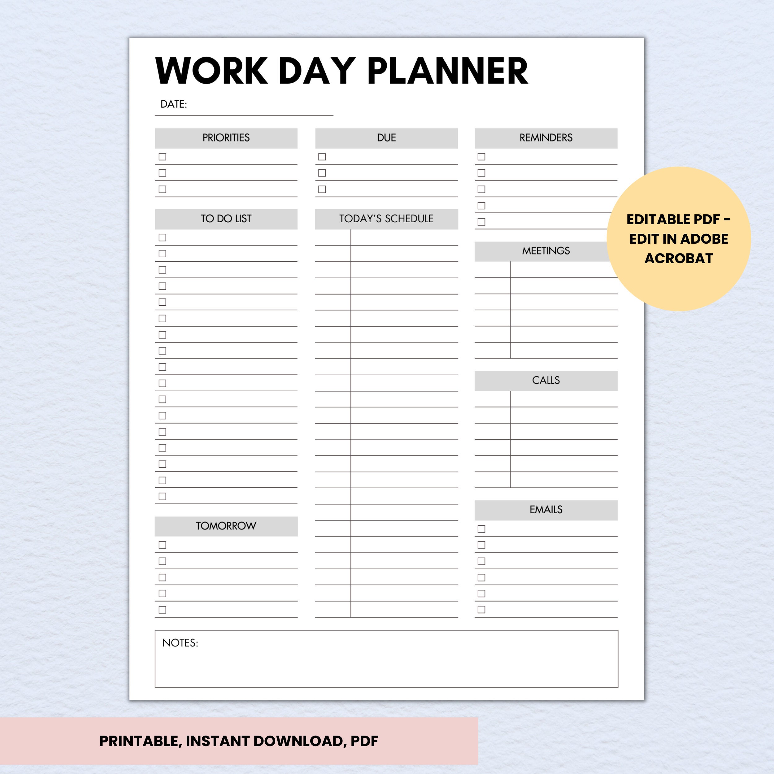 Printable Work Planner, Editable Work Log, Work Day Planner, Fillable ...