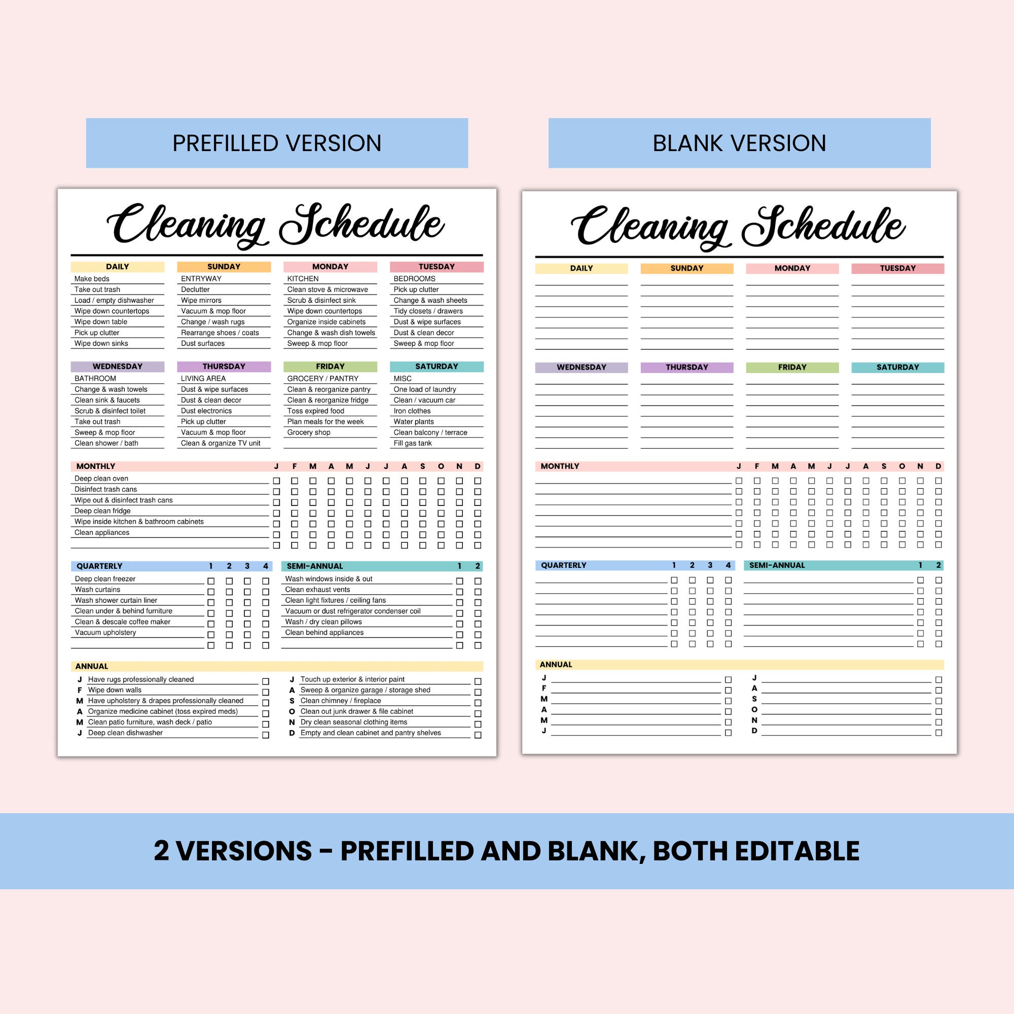 Editable Cleaning Schedule, Printable Cleaning Checklist, Daily Weekly ...