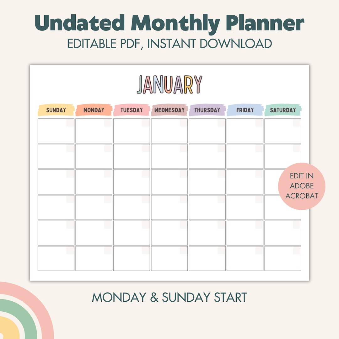 Editable Undated Monthly Calendar Template, Monday & Sunday Start ...