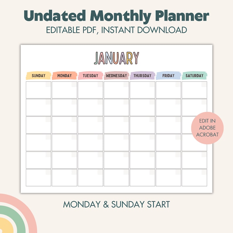 Editable Undated Monthly Calendar Template, Monday & Sunday Start ...