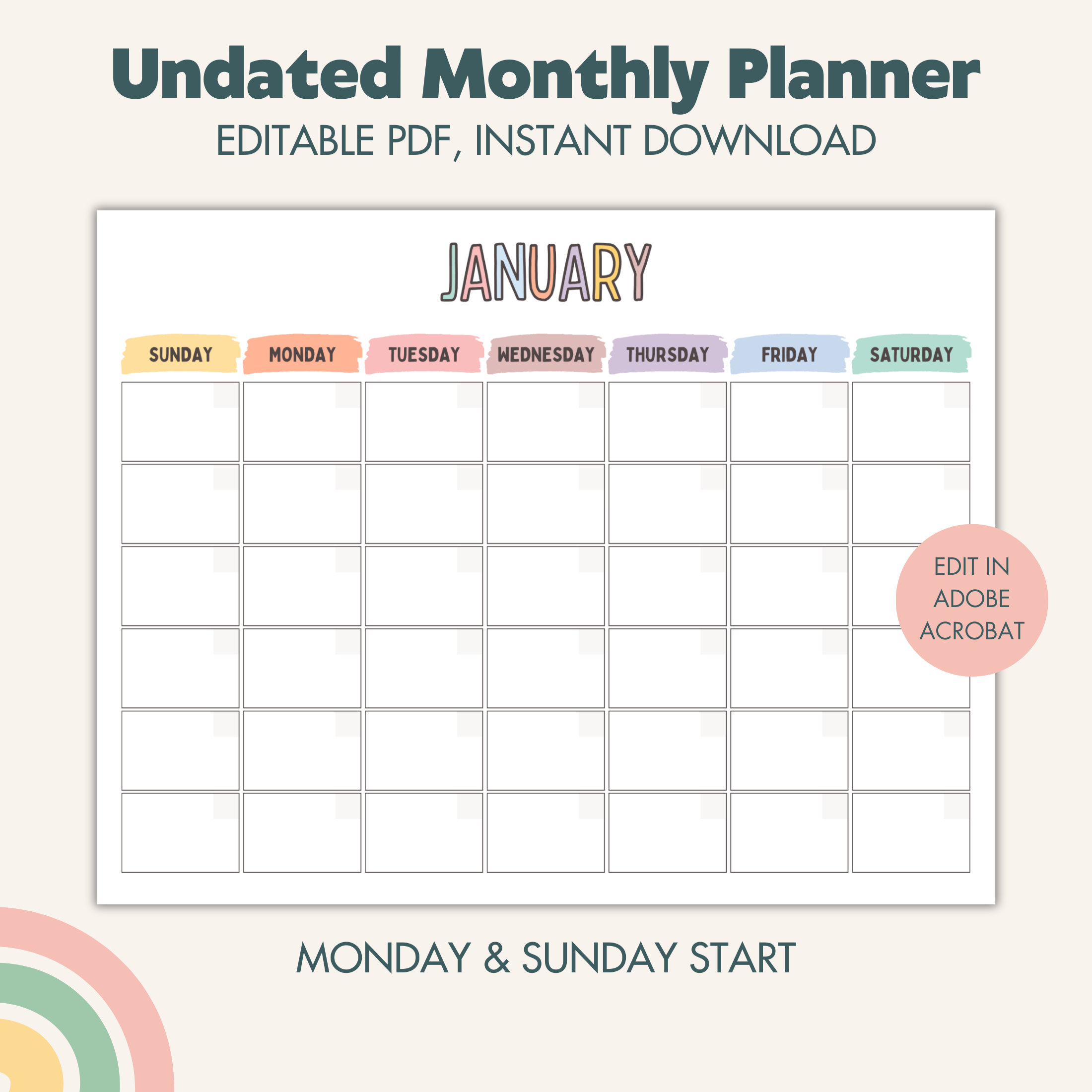 Editable Undated Monthly Calendar Template, Monday & Sunday Start ...