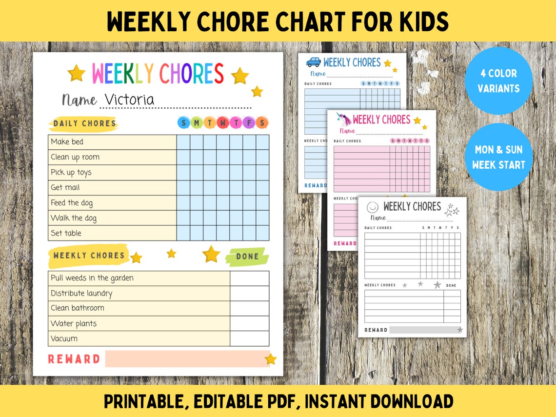 Chore Chart for Kids, Editable Weekly Chore Chart, Printable Chore ...