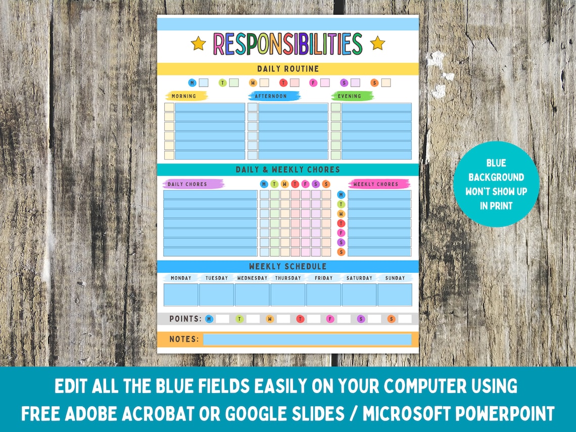 Printable Responsibility Chart, Editable Daily Weekly Chores Chart ...