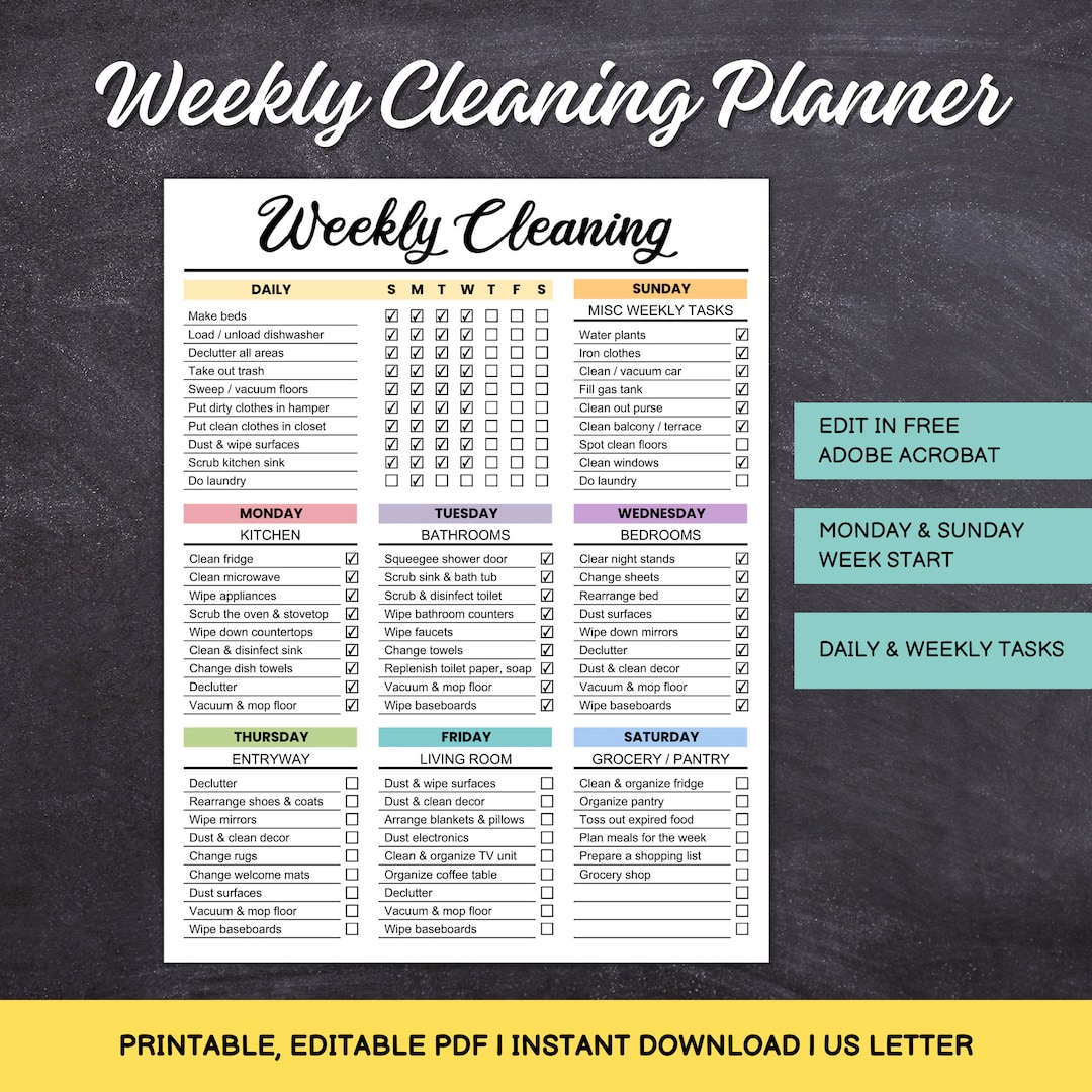 Editable Weekly Cleaning Checklist, Printable Cleaning Schedule ...