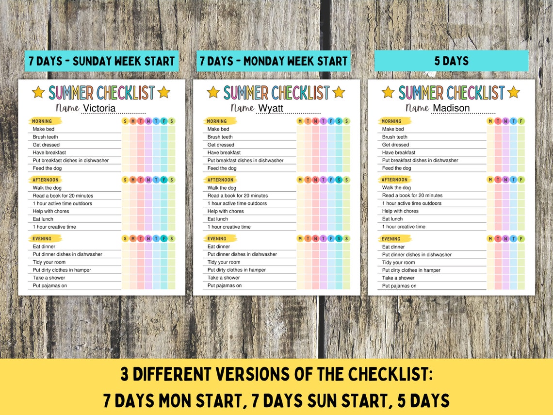Printable Summer Checklist for Kids, Editable Kids Responsibility Chart ...