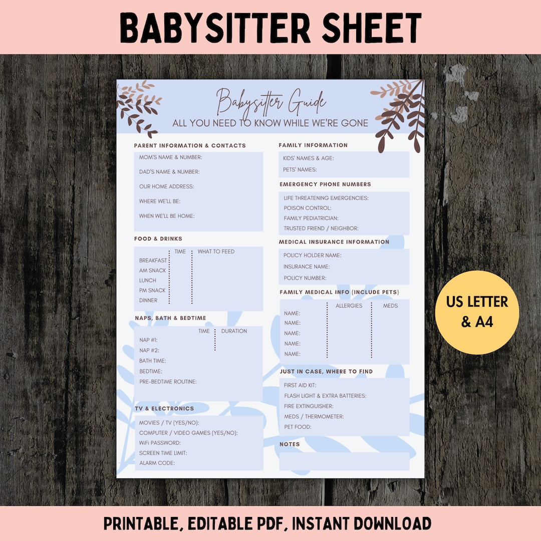 Babysitter Sheet, Printable Babysitter Guide, Nanny Information Sheet ...