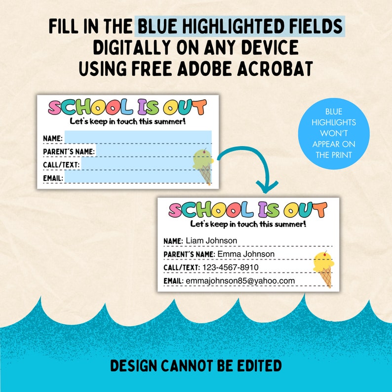 Printable Summer Contact Cards, Editable Kids Play Date Cards, Keep in ...