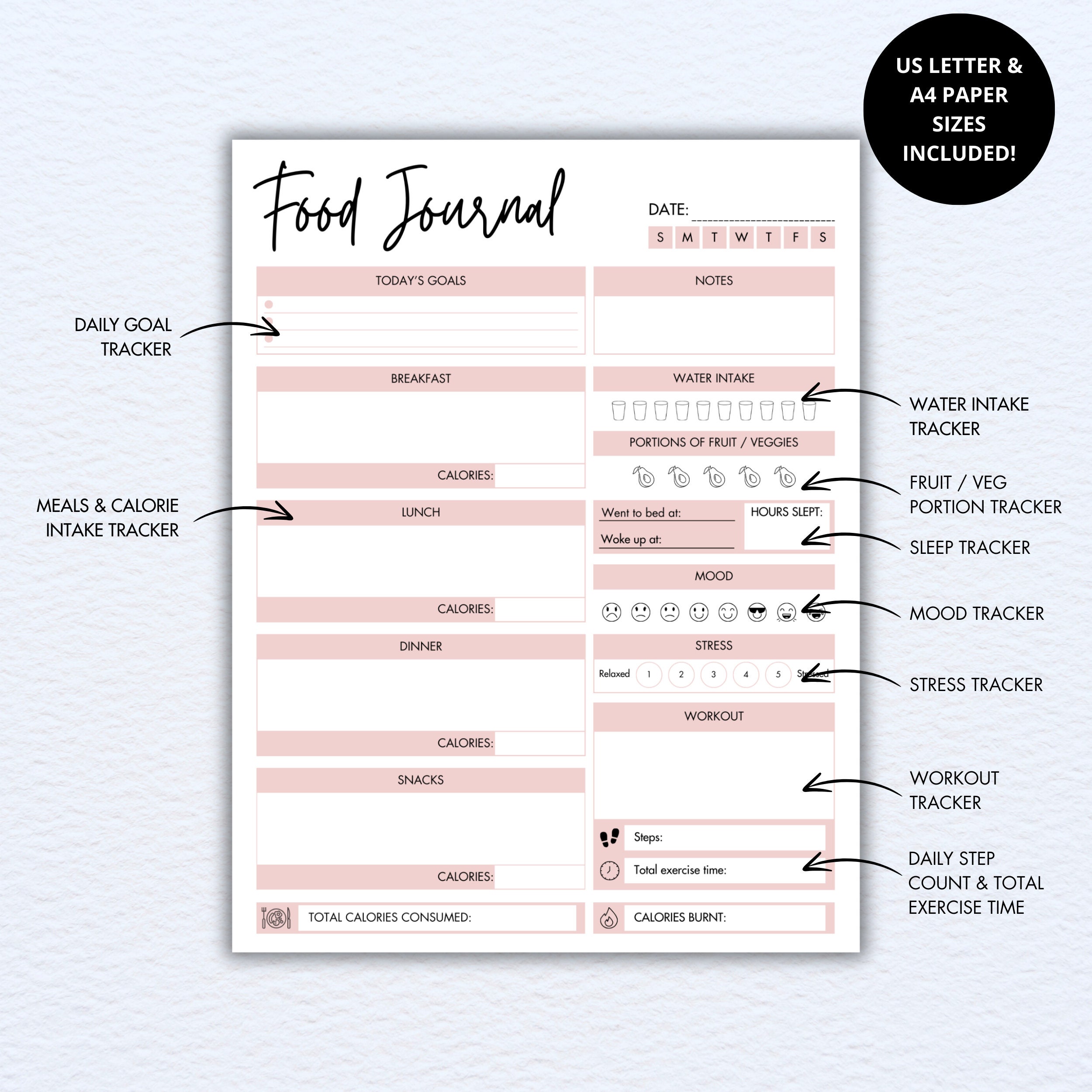 Daily Food Journal, Editable Daily Food Diary, Printable Weekly Meal ...