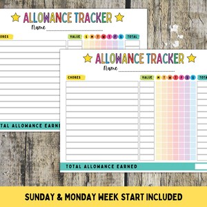 Allowance Tracker, Weekly Allowance Chore Chart for Kids, Editable ...
