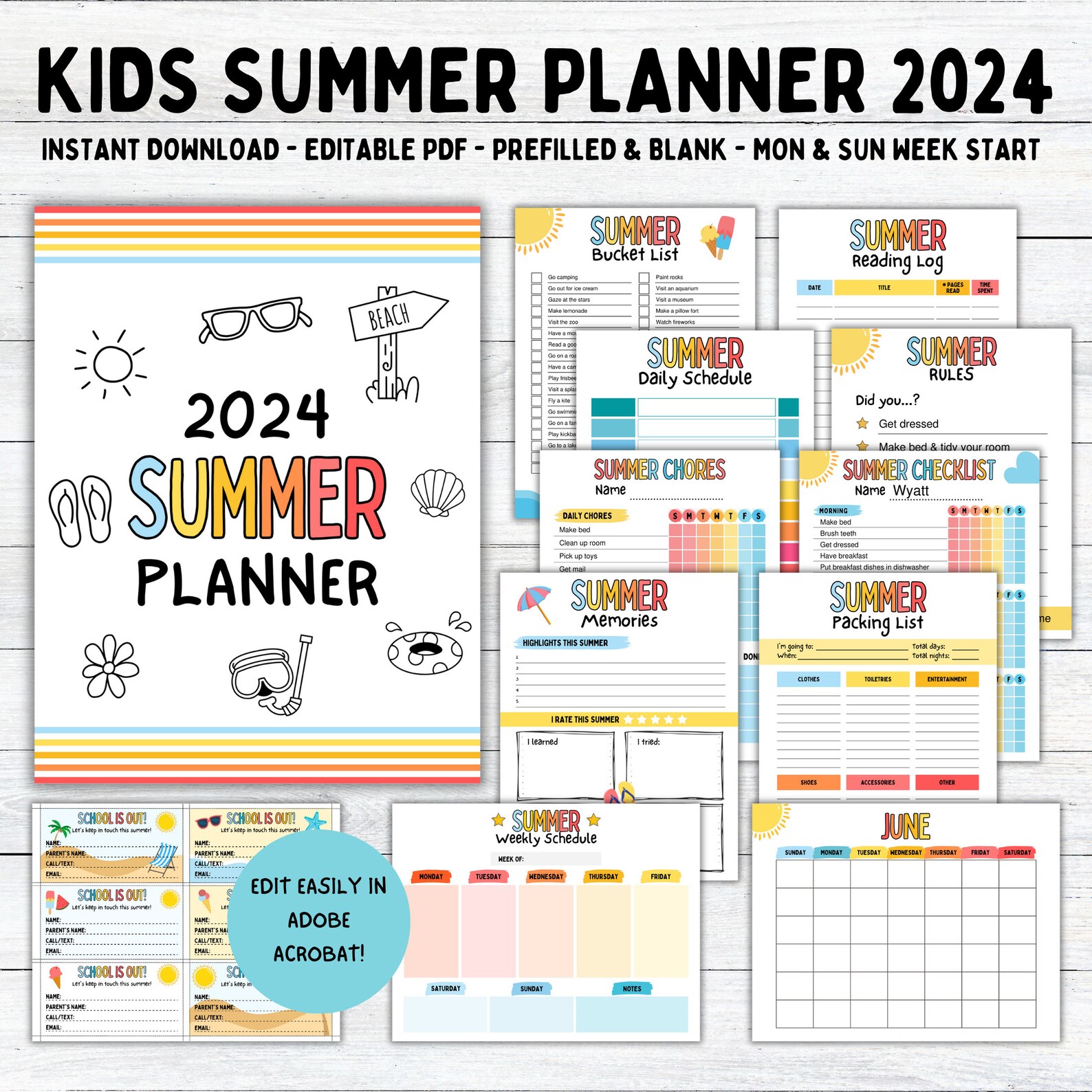 Printable Editable 2024 SUMMER Planner Bundle, Summer Checklist ...