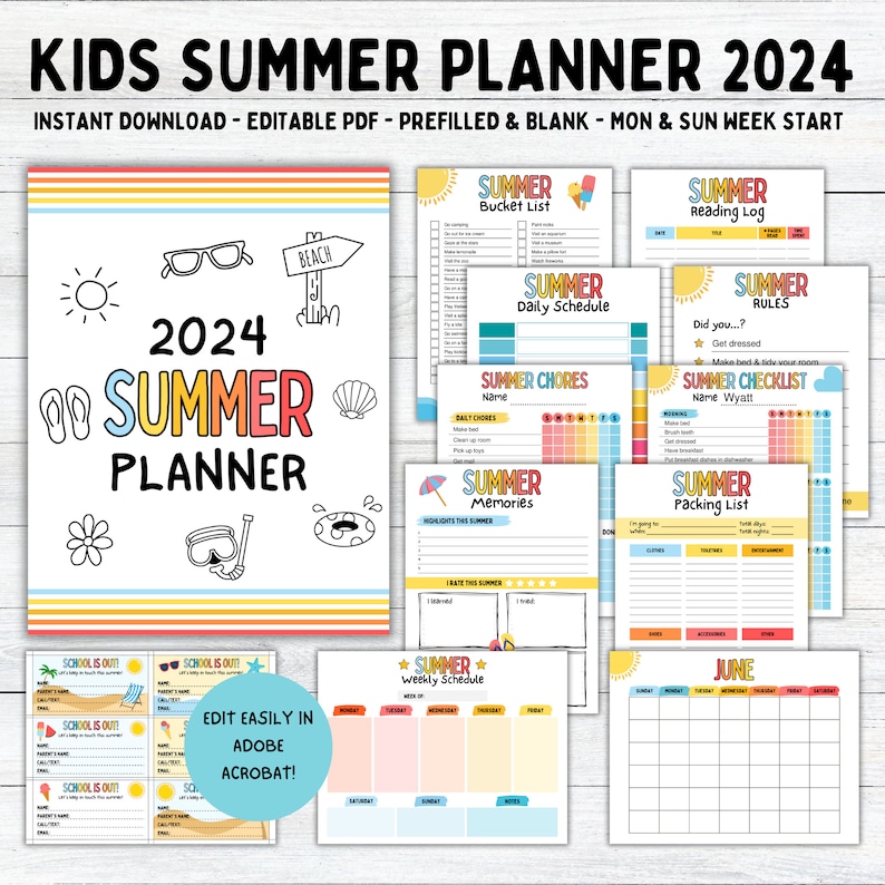 Printable Editable 2024 SUMMER Planner Bundle, Summer Checklist ...