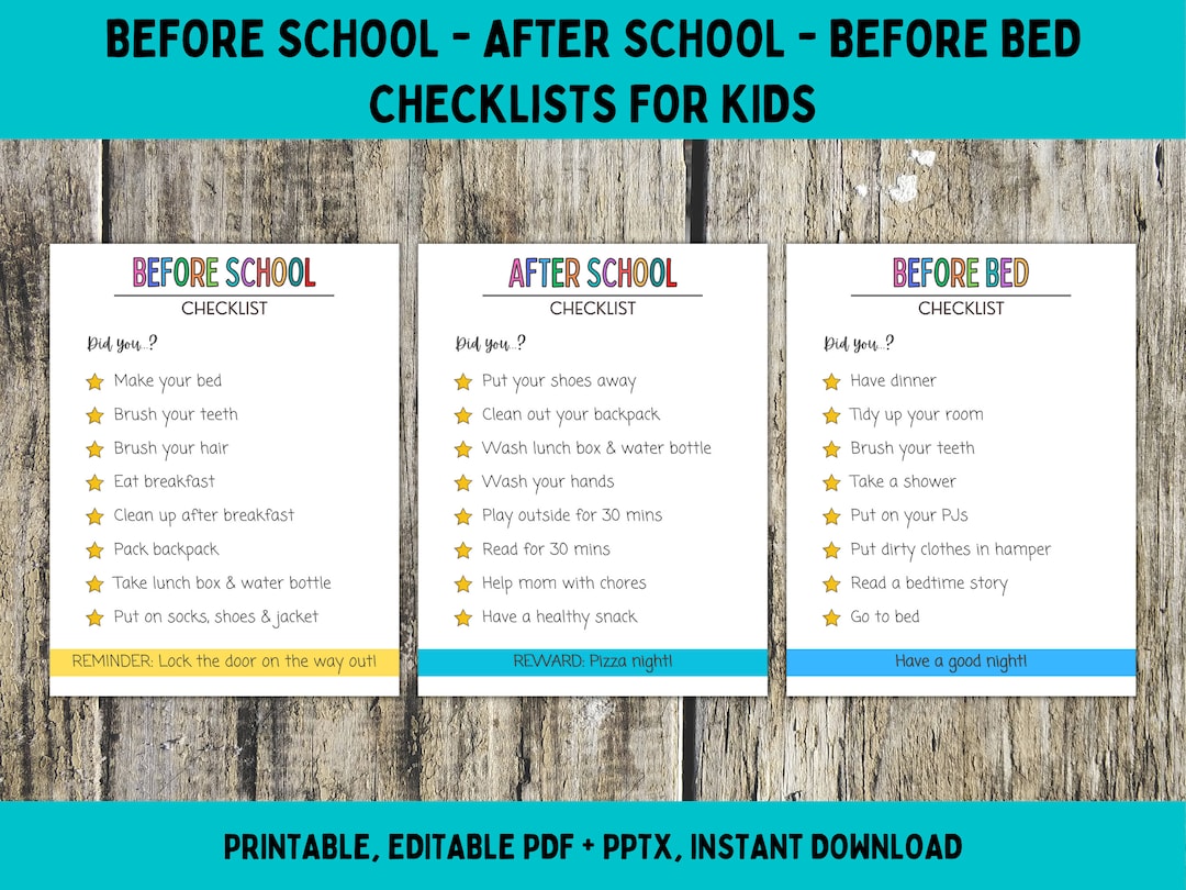 Kids Before School / After School / Bedtime Checklist, Printable Chart ...