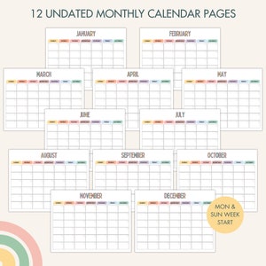 Editable Undated Monthly Calendar Template, Monday & Sunday Start ...