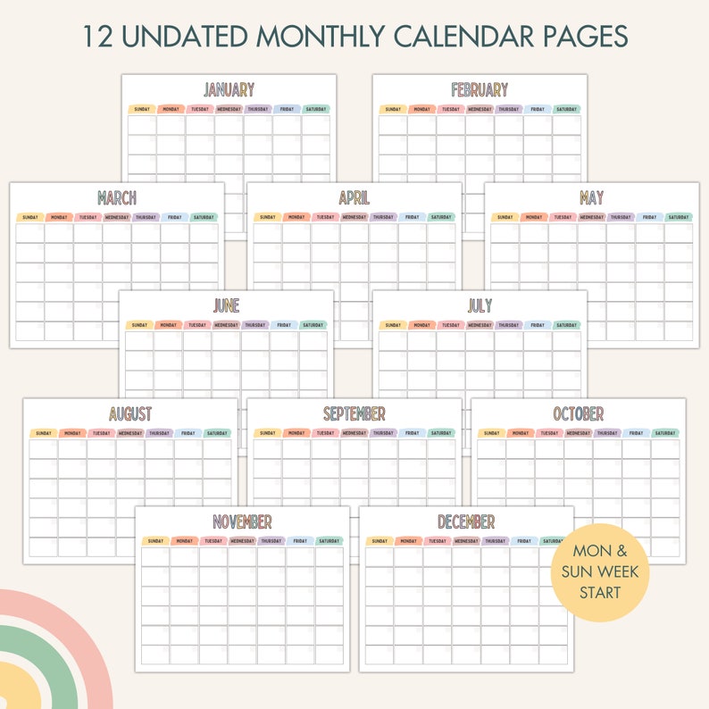 Editable Undated Monthly Calendar Template, Monday & Sunday Start ...