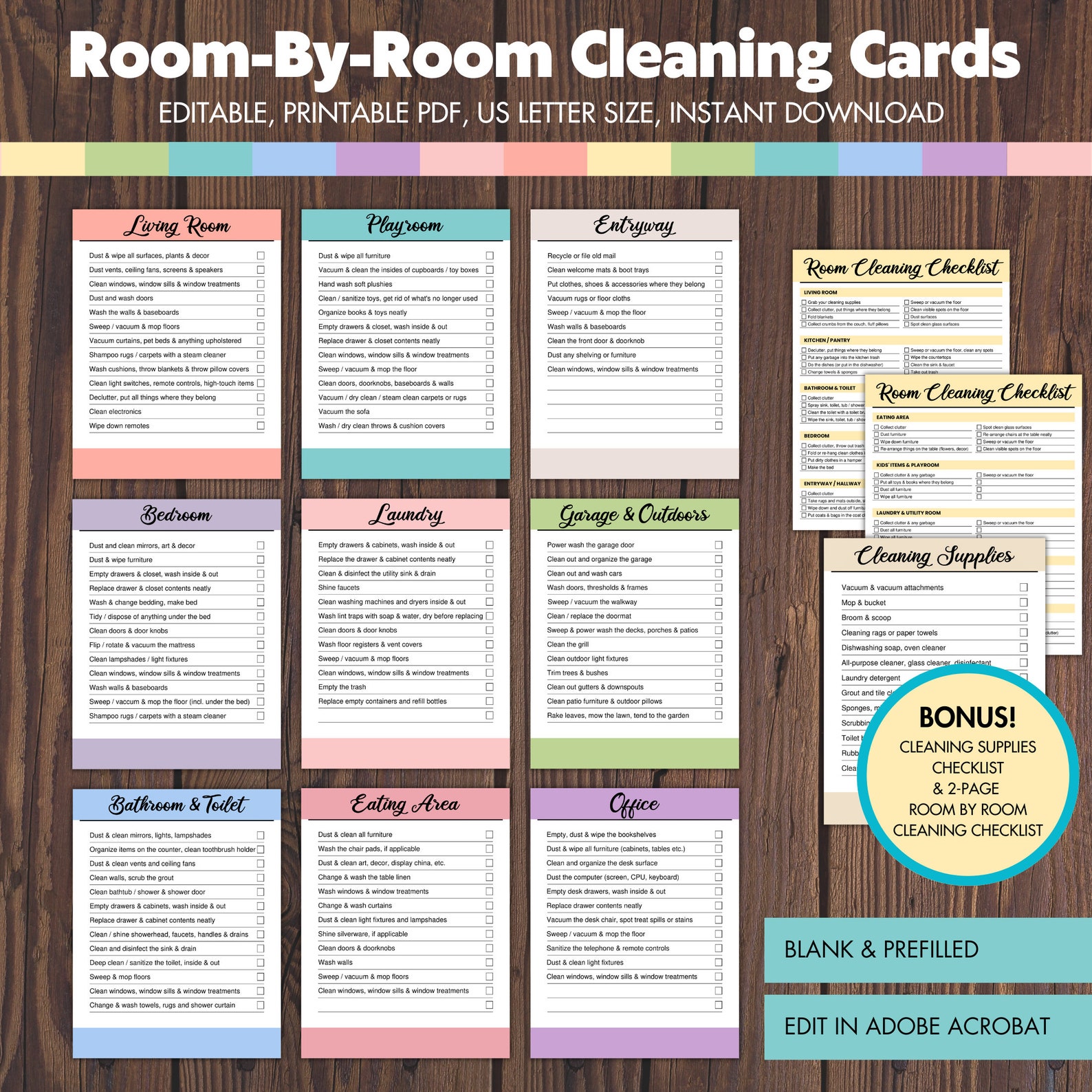 Printable Cleaning Cards: Editable Room Cleaning Checklist (digital PDF ...