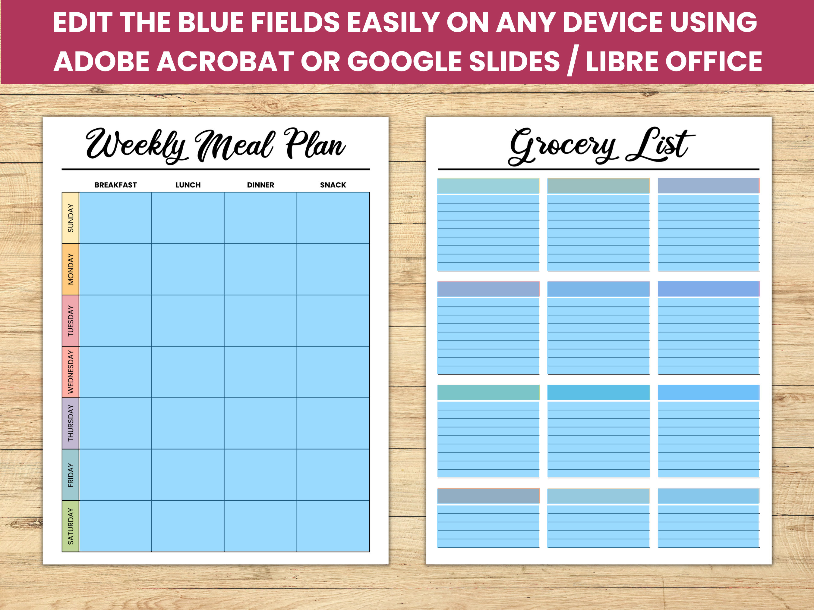 Editable Weekly Meal Planner & Grocery List (printable PDF) - Etsy