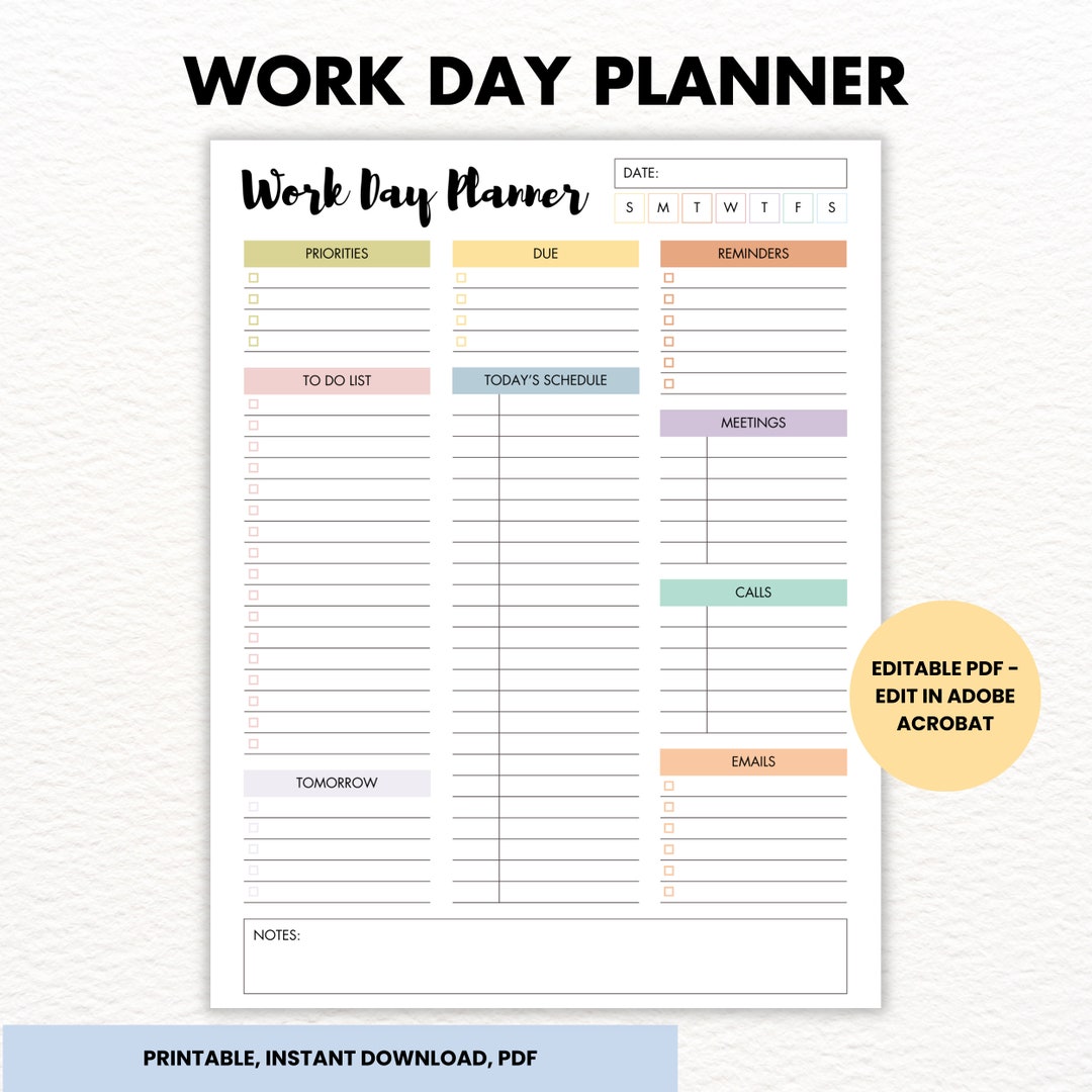 Minimalist Work Day Planner, Editable, Printable Daily Planner, Instant ...