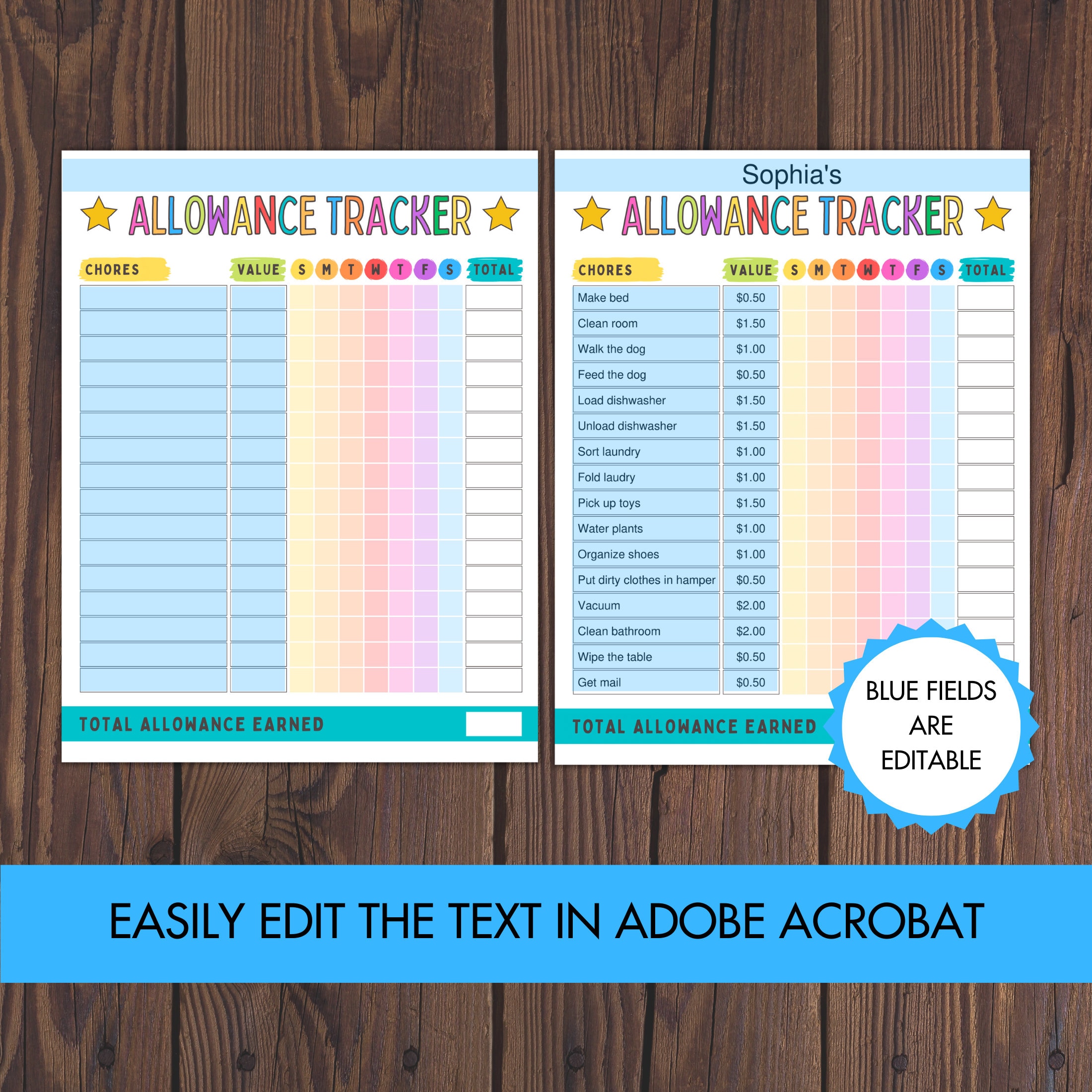 Editable Kids Allowance Chore Chart: Money Reward Tracker (PDF) - Etsy