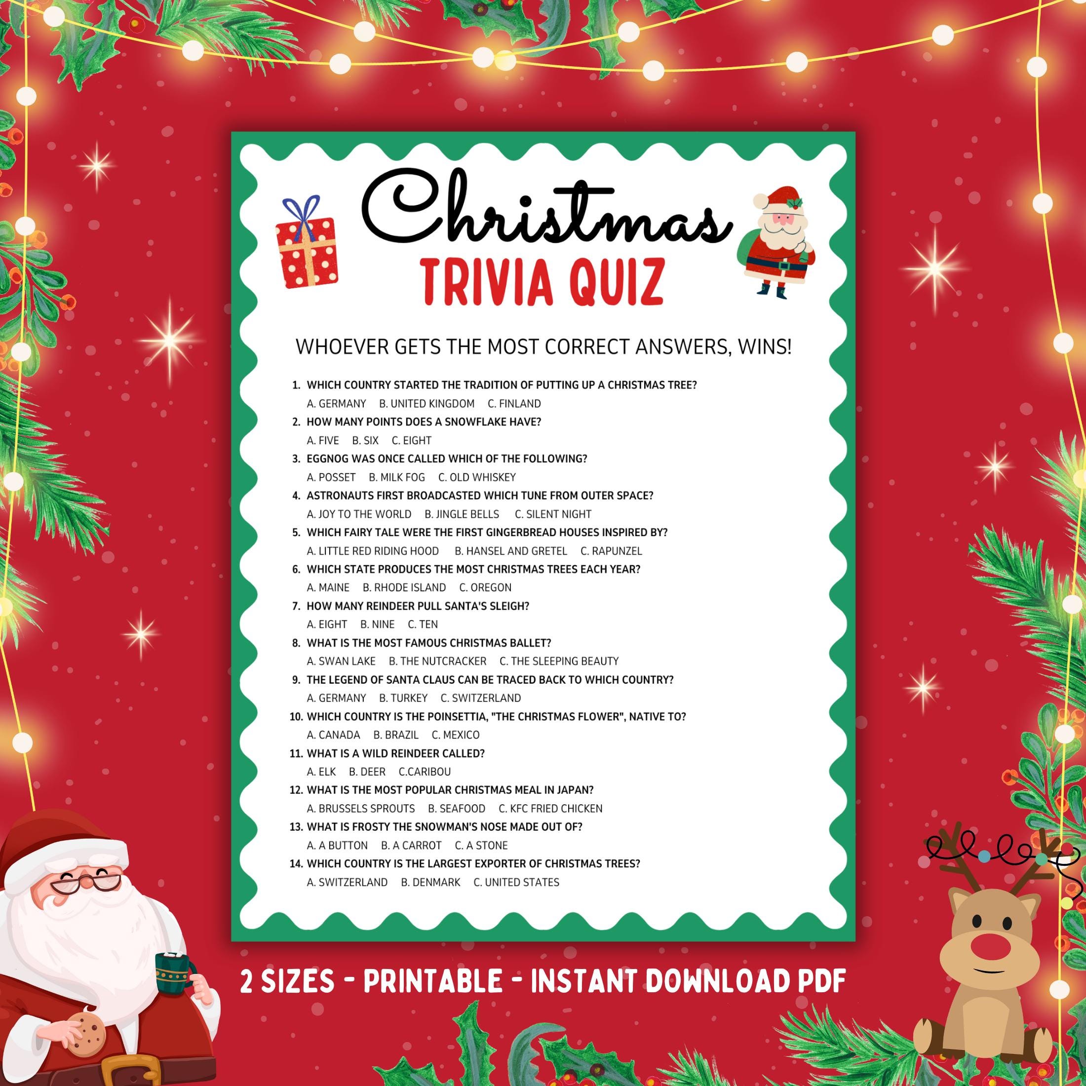 Christmas Trivia Quiz Game, Printable Christmas Family Game, Festive ...