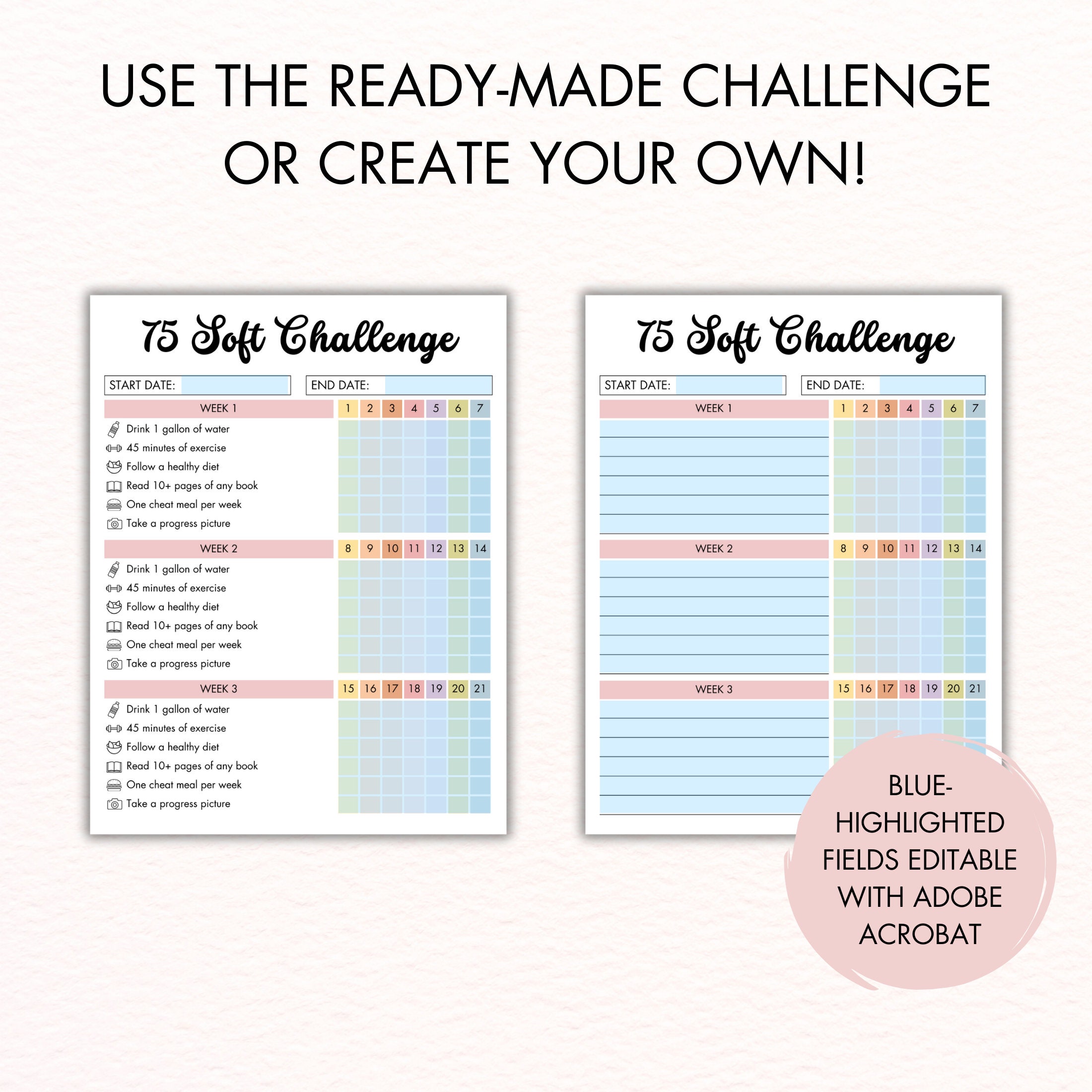 Editable 75 Soft Challenge Tracker, Printable 75 Day Challenge, Easy ...