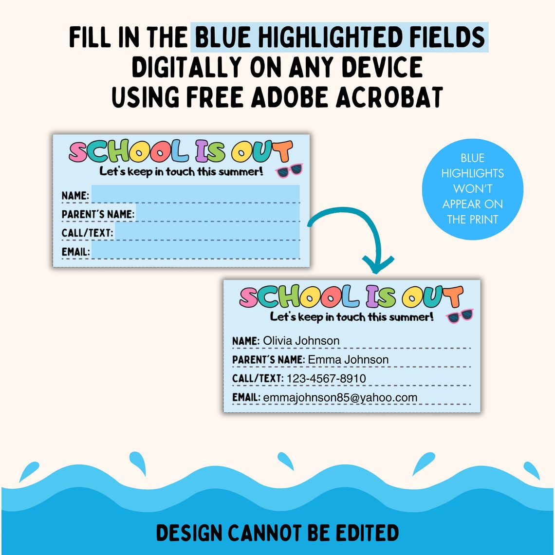 Printable Summer Contact Card, Editable, End of School Cards for Kids ...