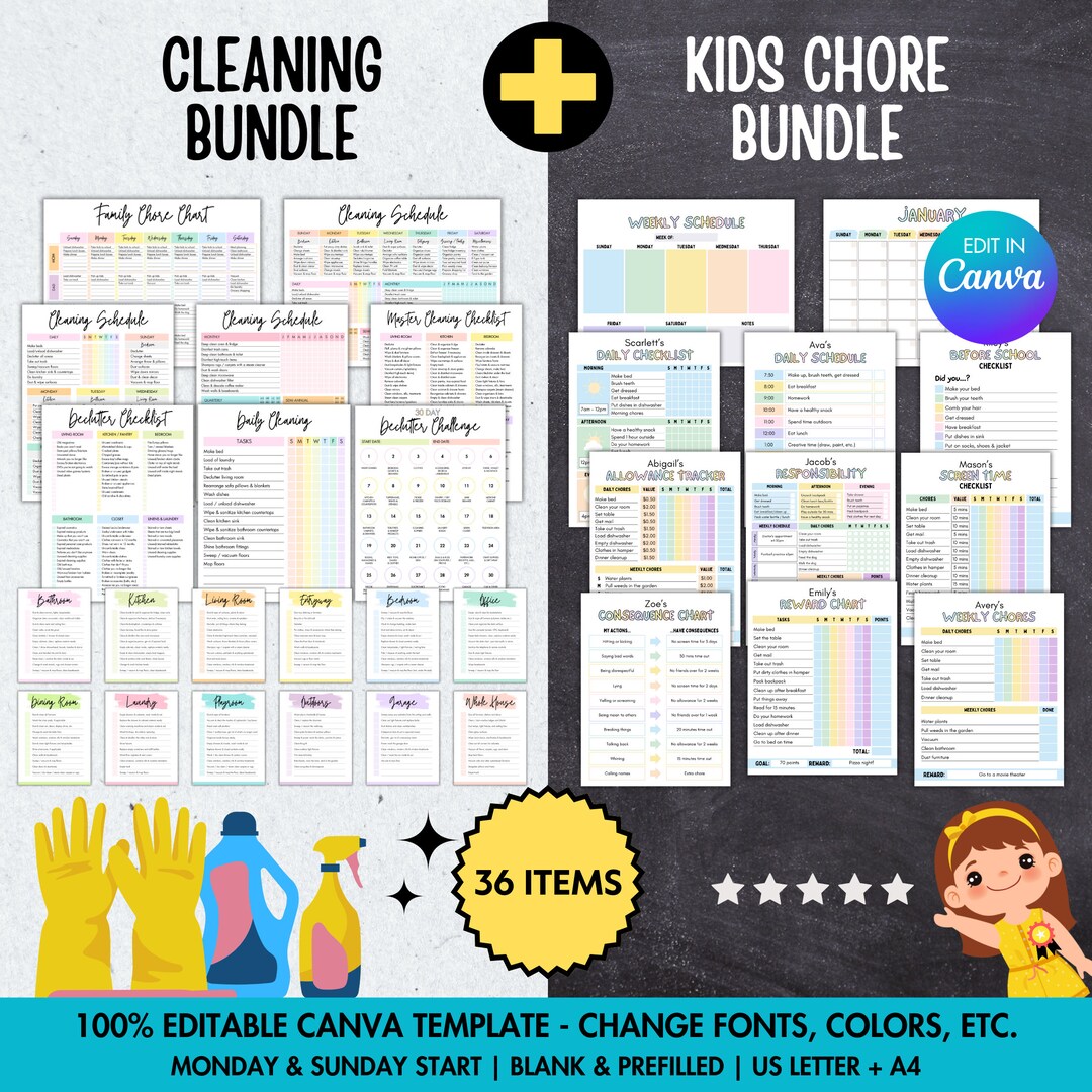 Cleaning Planner & Kids Chore Chart Bundle: Editable Canva Templates ...