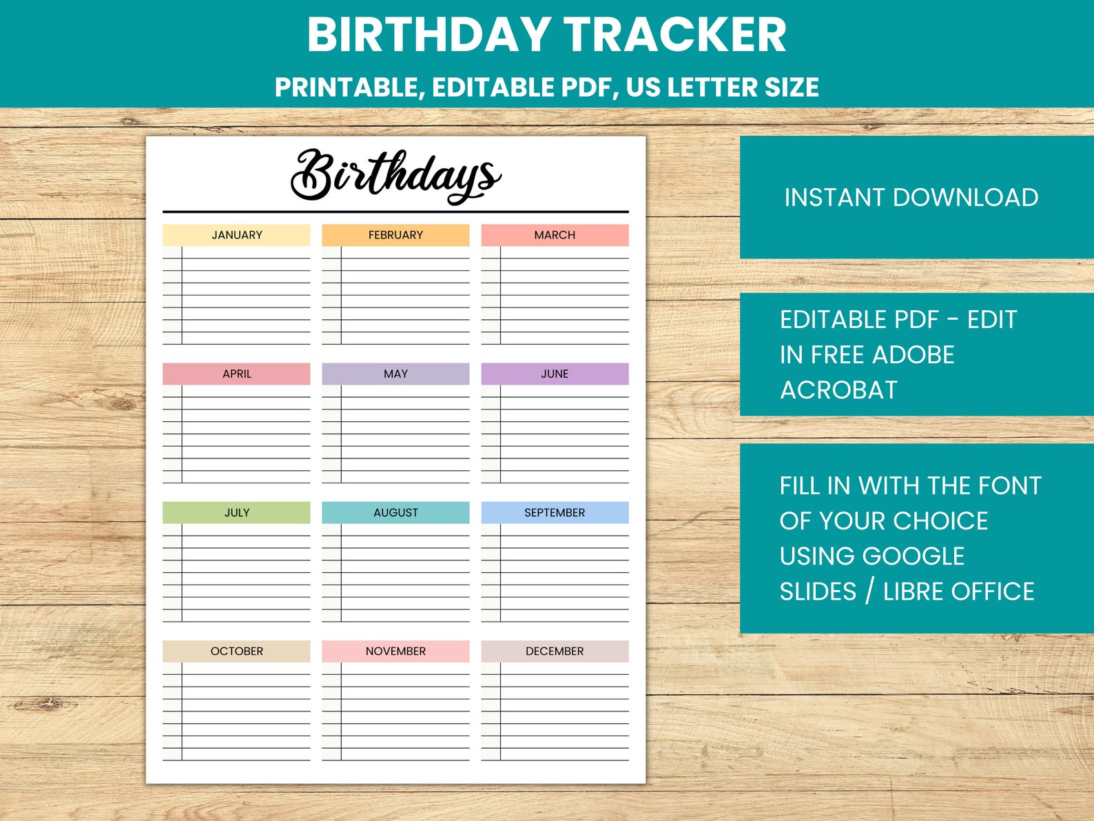 Editable Birthday Tracker, Printable Birthday List, Birthday Reminder ...