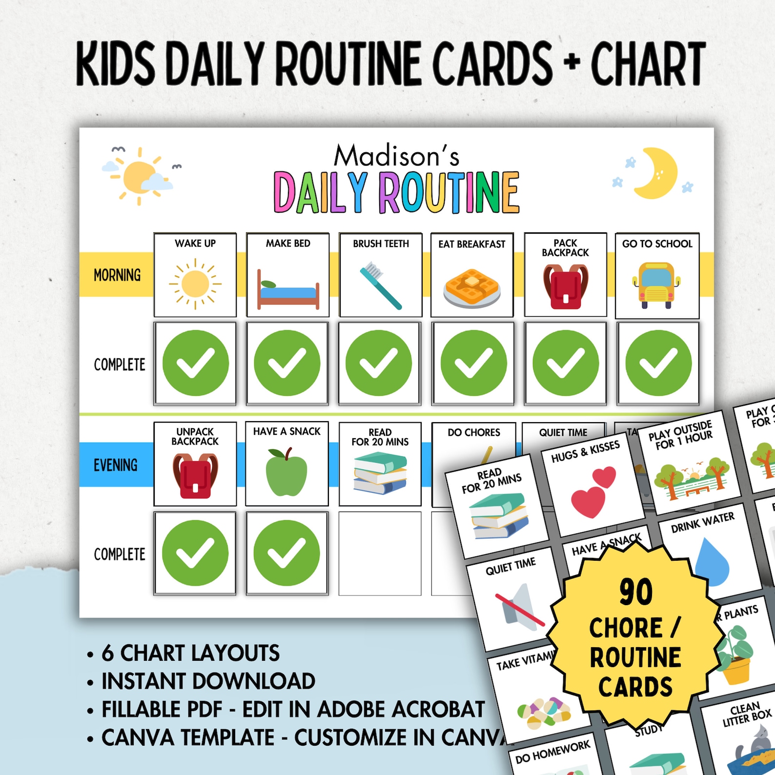 Kids Visual Routine Cards & Chart, Printable Daily Routine, Editable ...
