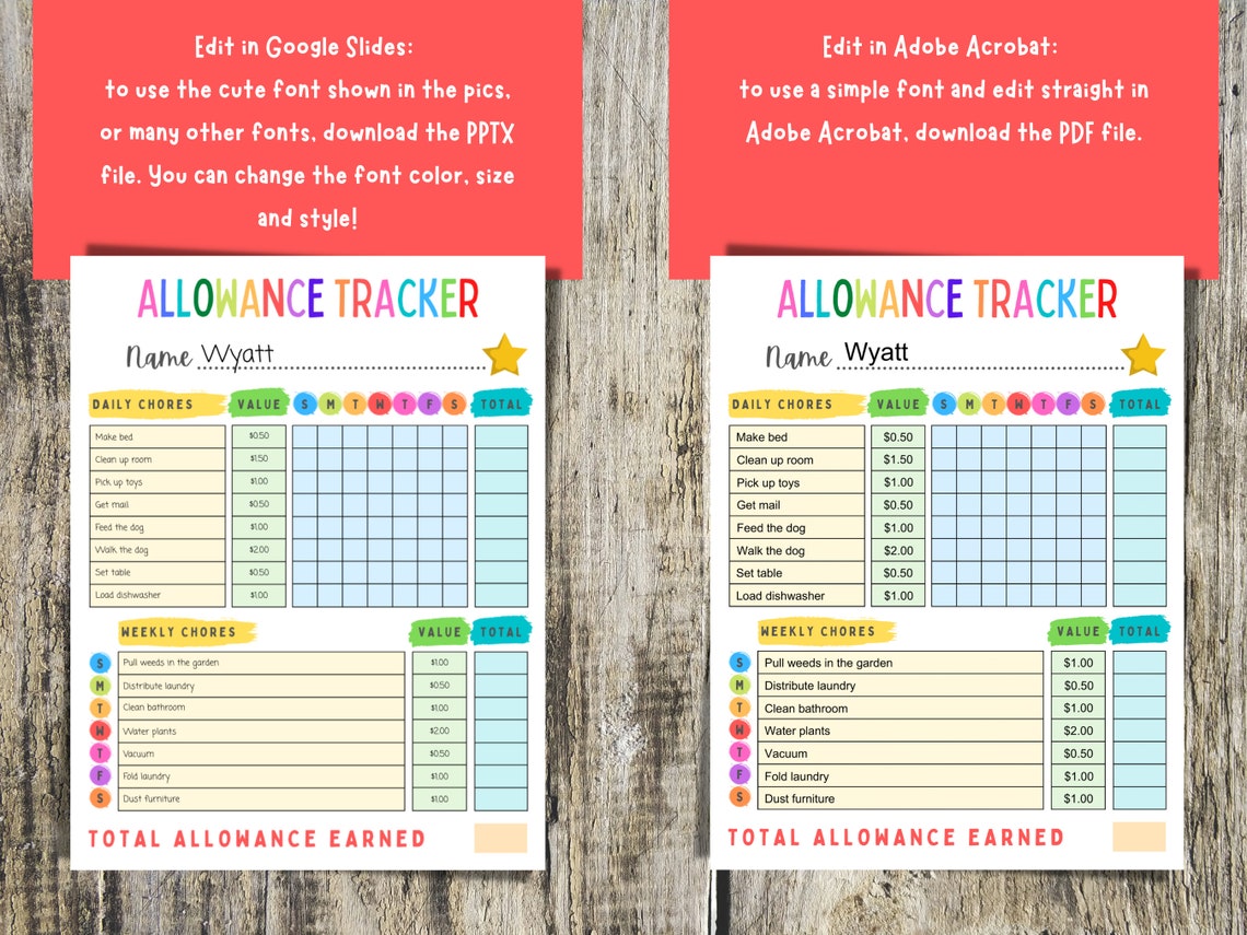Daily Weekly Allowance Chore Chart for Kids, Printable Allowance ...
