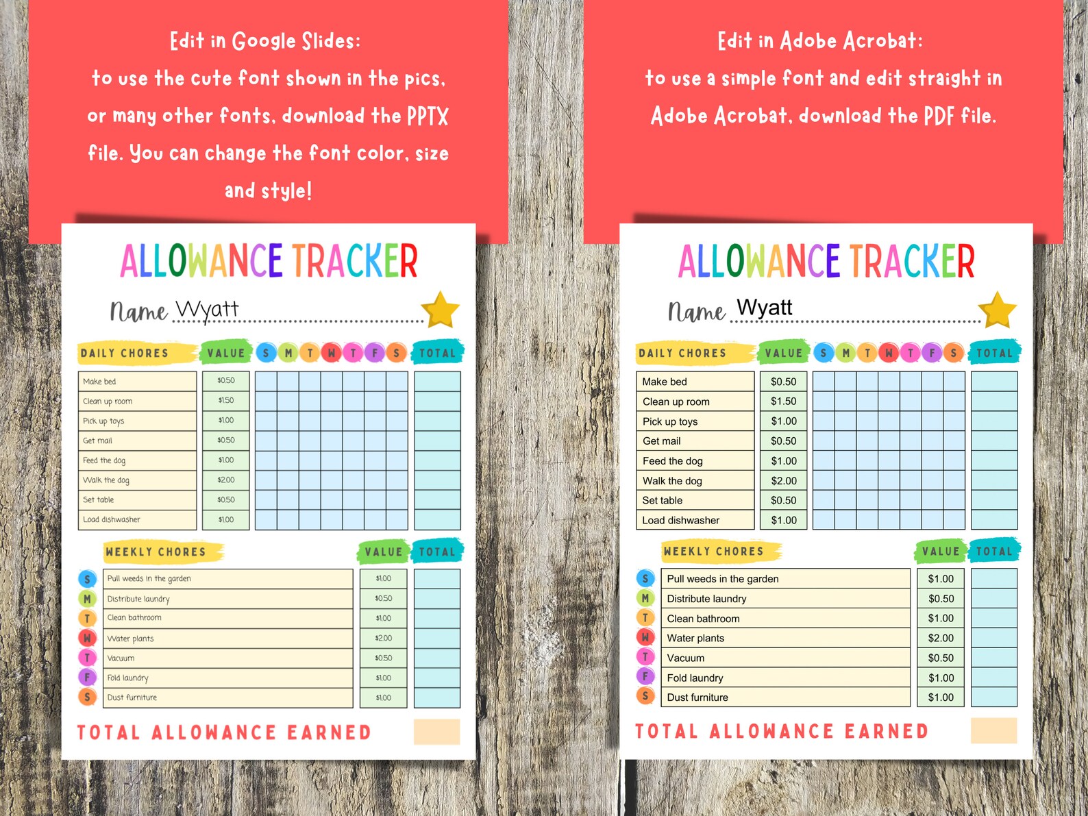 Daily Weekly Allowance Chore Chart for Kids, Printable Allowance ...