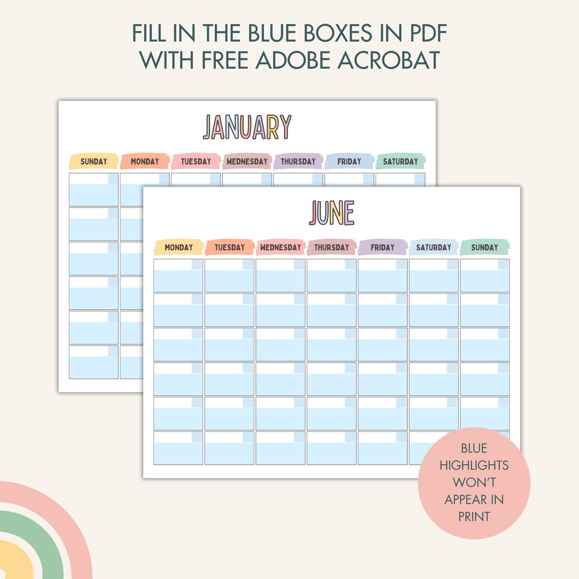 Editable Undated Monthly Calendar Template, Monday & Sunday Start ...