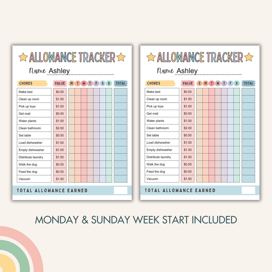 Allowance Tracker for Kids, Editable Allowance Chart for Kids ...