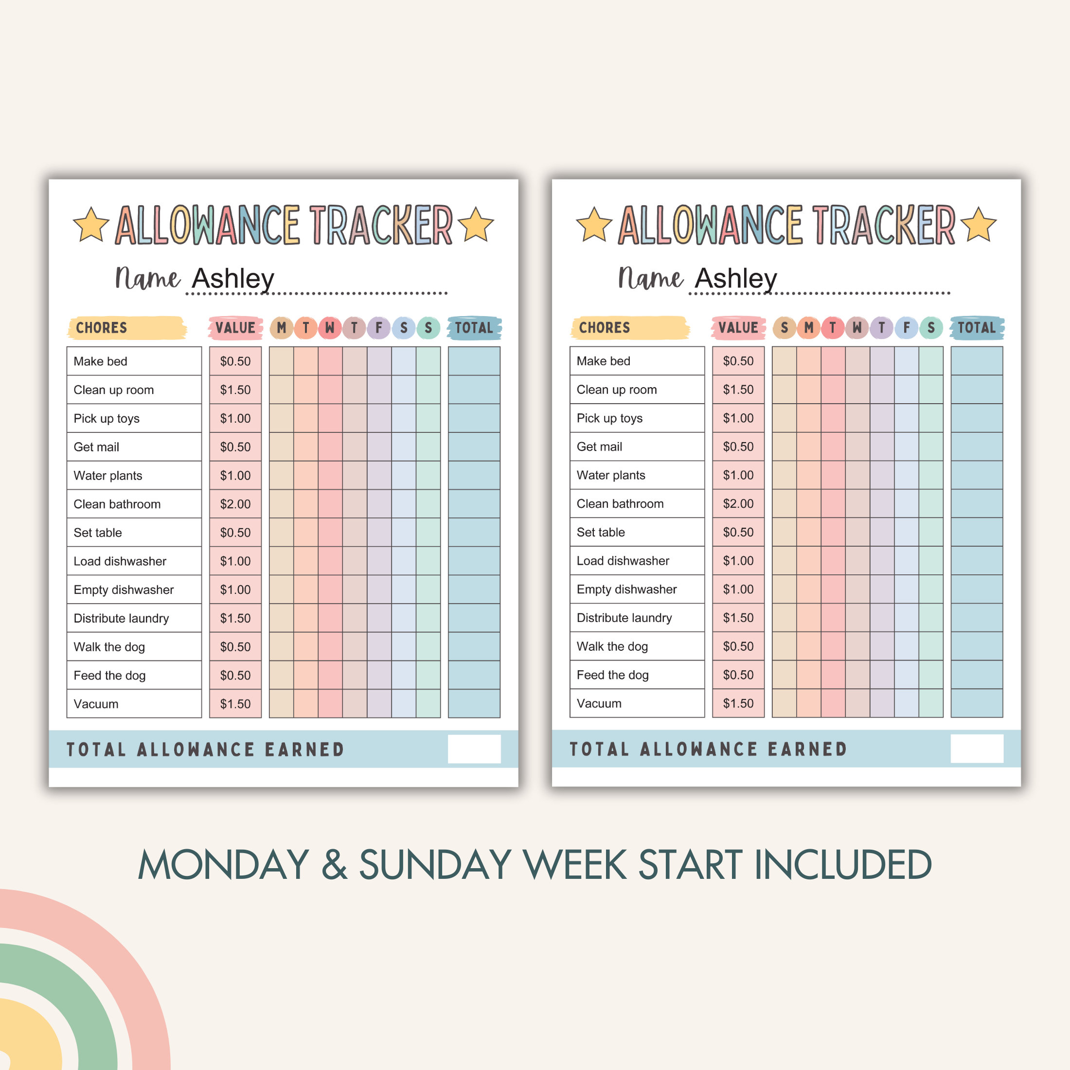 Allowance Tracker for Kids, Editable Allowance Chart for Kids ...