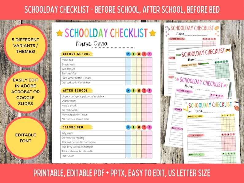 Kids Schoolday Checklist, Editable School Schedule, Printable Kids ...