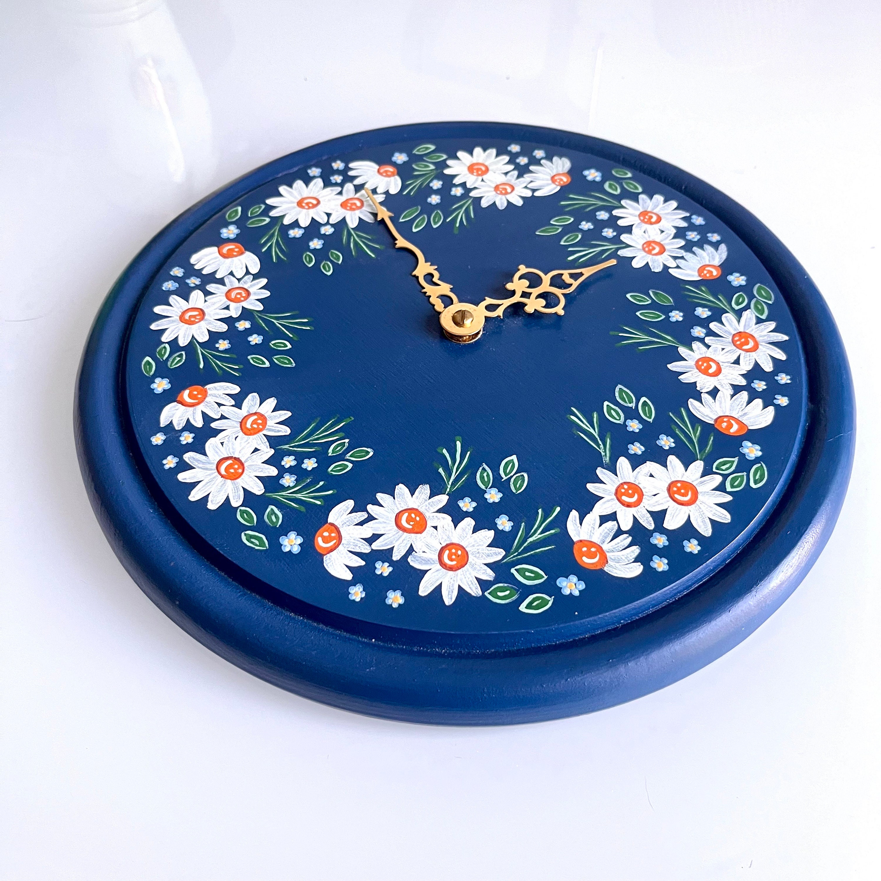 Wooden Hand Painted Wall Plate in the Shape of Clock / Floral Handmade ...