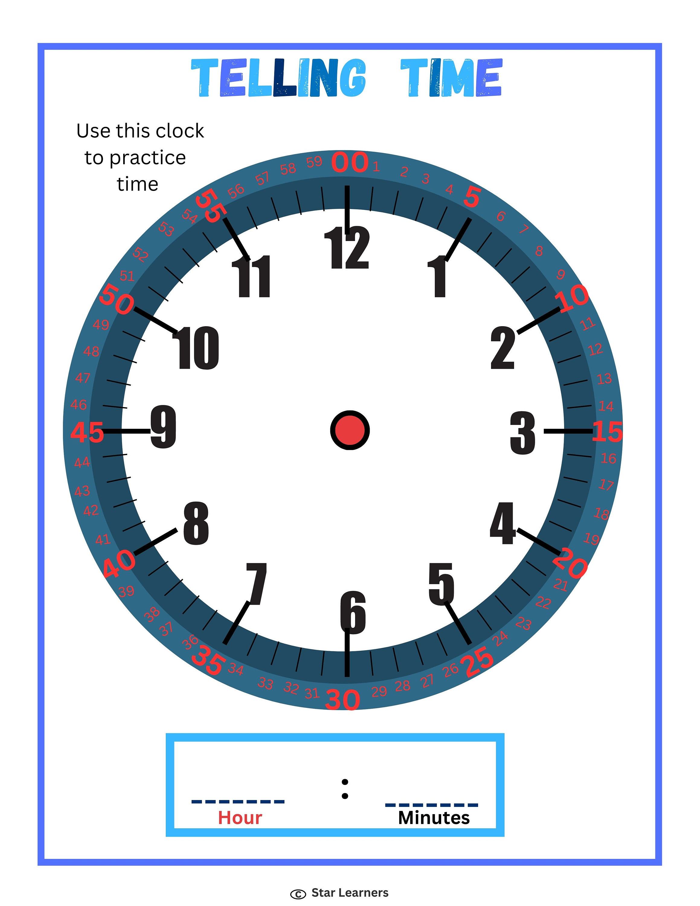 Learning to Tell Time, Printable Clock Worksheet, Analog Clock, Prek ...