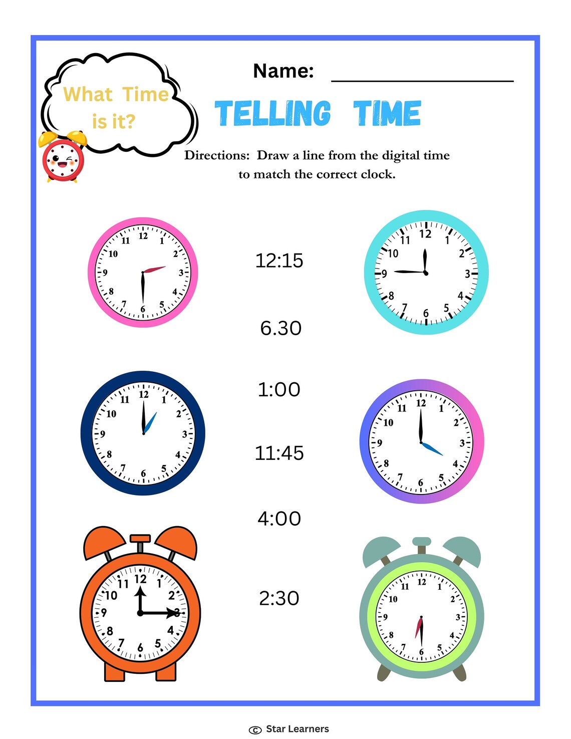 Learning to Tell Time, Printable Clock Worksheet, Analog Clock, Prek ...