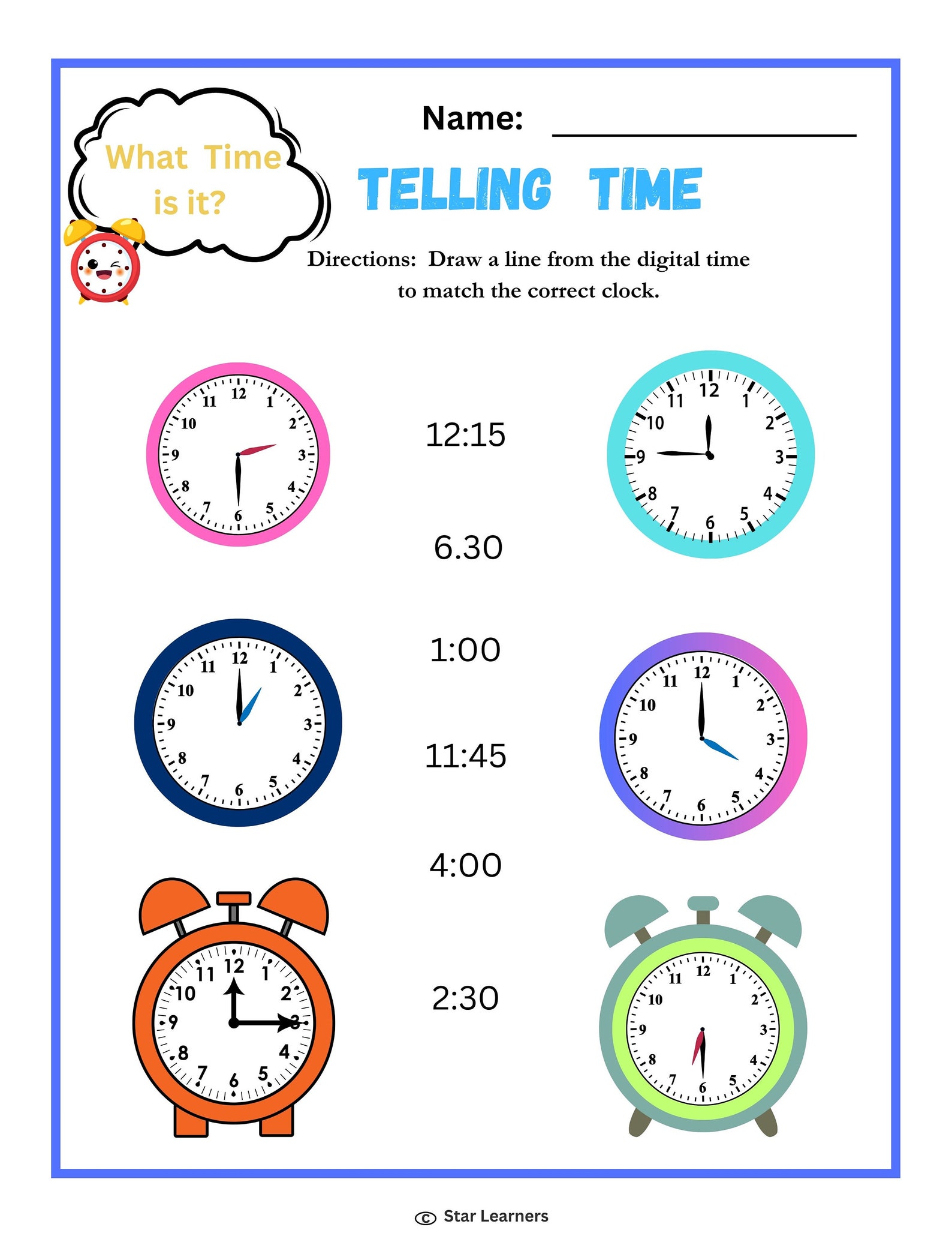 Learning to Tell Time, Printable Clock Worksheet, Analog Clock, Prek ...