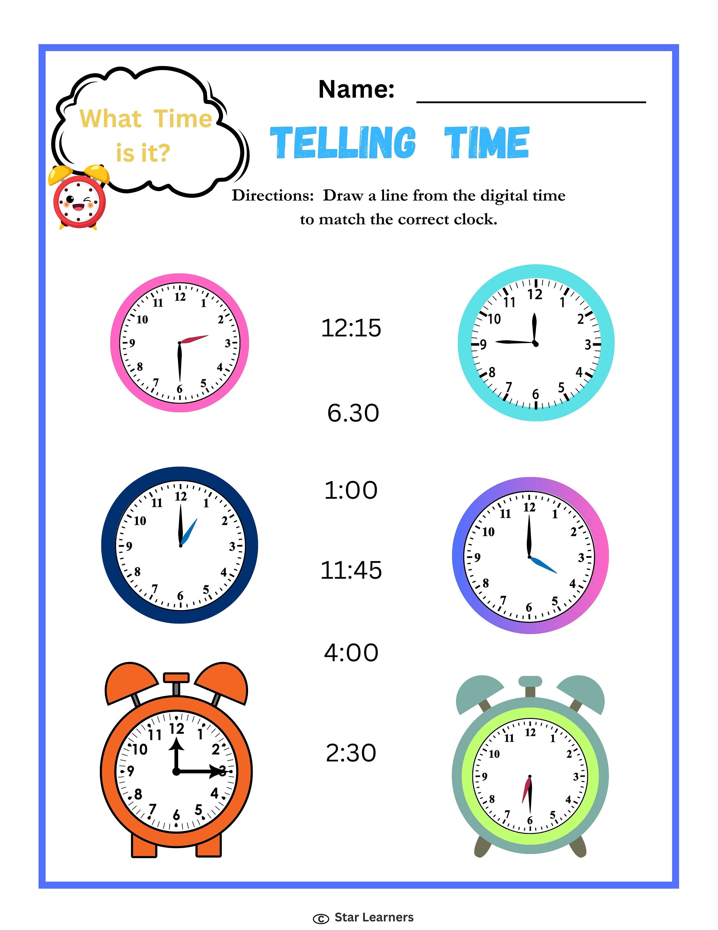 Learning to Tell Time, Printable Clock Worksheet, Analog Clock, Prek ...
