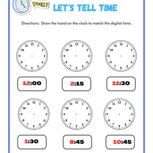 Learning to Tell Time, Printable Clock Worksheet, Analog Clock, Prek ...