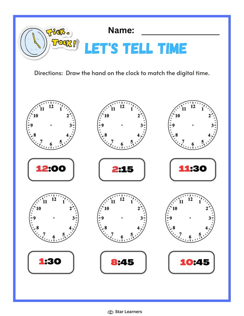 Learning to Tell Time, Printable Clock Worksheet, Analog Clock, Prek ...