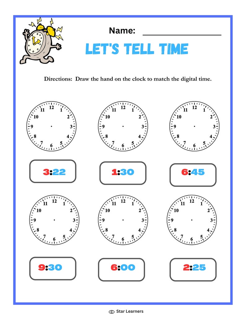 Learning to Tell Time, Printable Clock Worksheet, Analog Clock, Prek ...