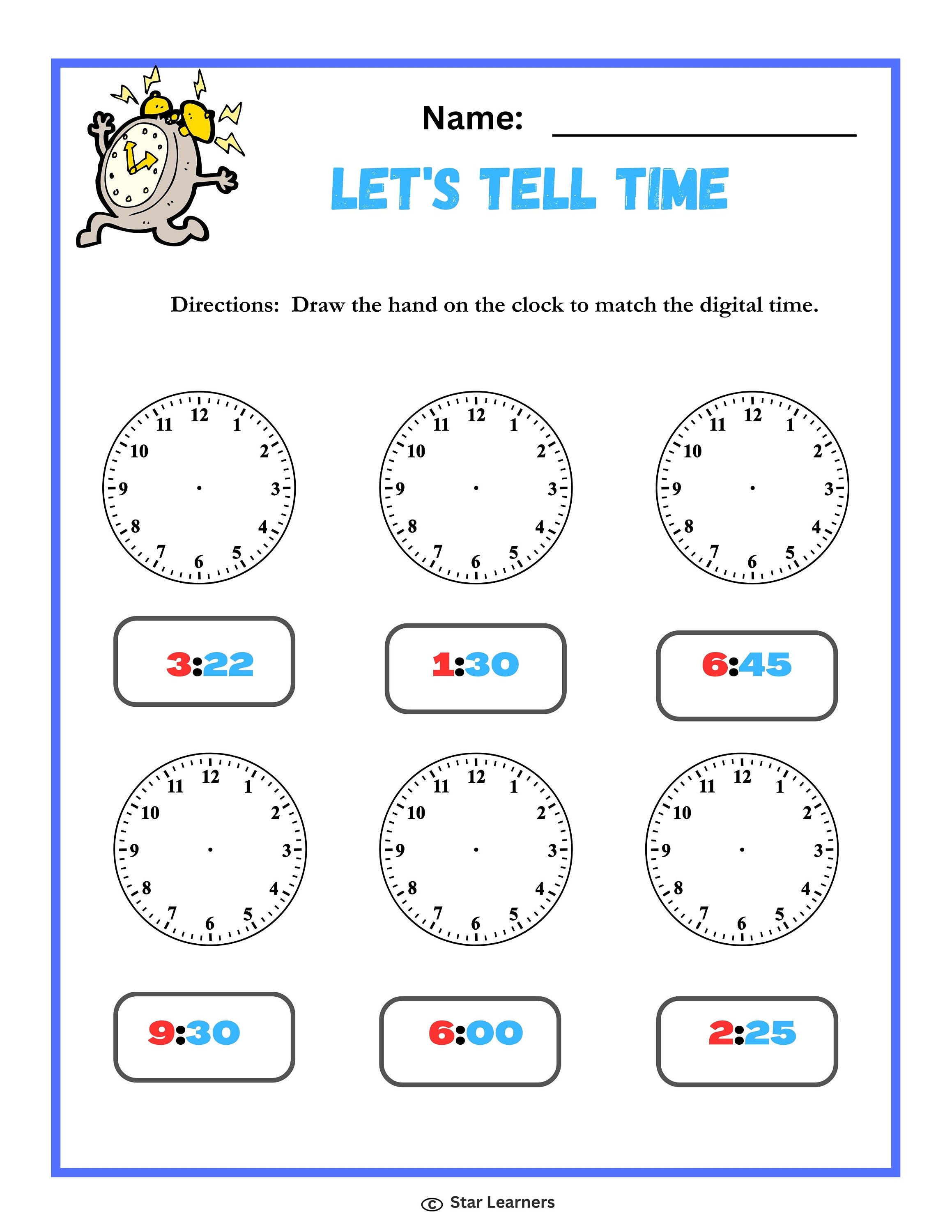 Learning to Tell Time, Printable Clock Worksheet, Analog Clock, Prek ...