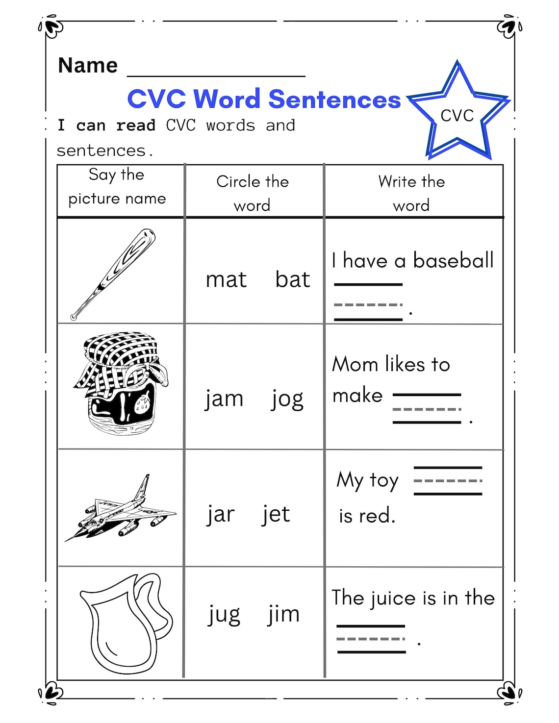 CVC Word Sentences and Short Vowel Word Practice - Etsy