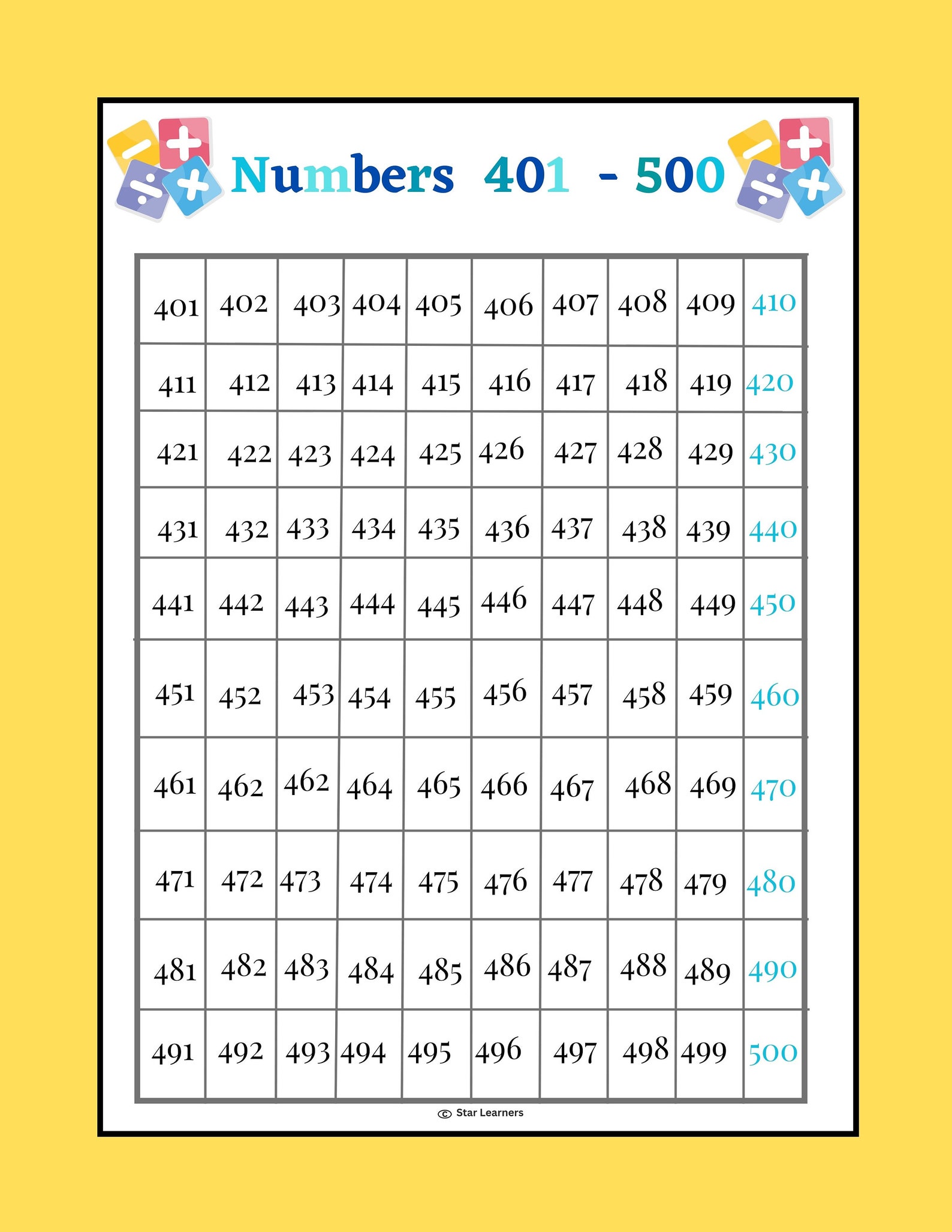Printable Number Charts, Wall Charts, Work Mats and Worksheet ...