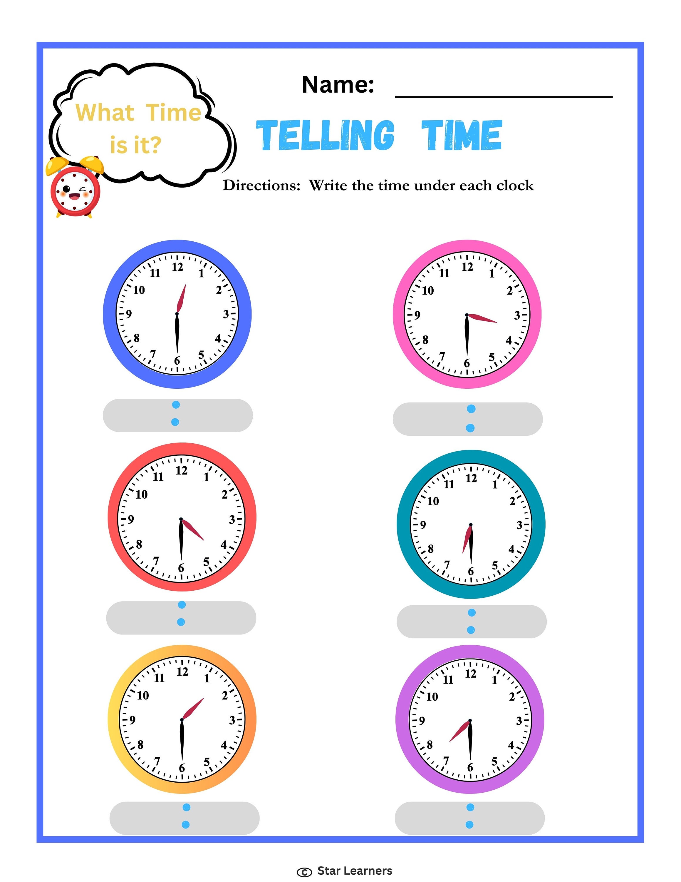 Learning to Tell Time, Printable Clock Worksheet, Analog Clock, Prek ...