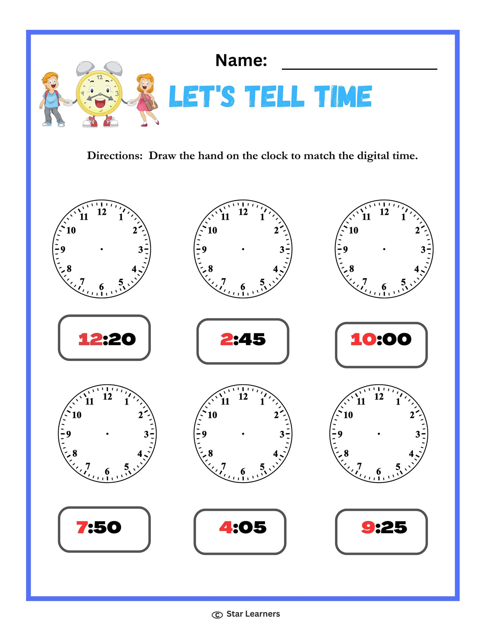 Learning to Tell Time, Printable Clock Worksheet, Analog Clock, Prek ...