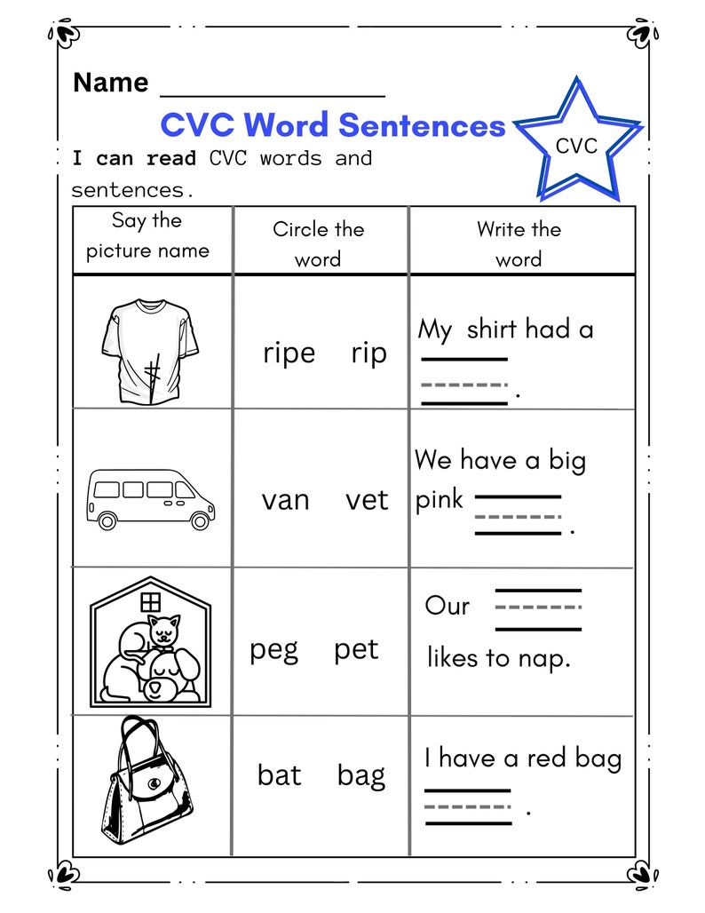 CVC Word Sentences and Short Vowel Word Practice - Etsy