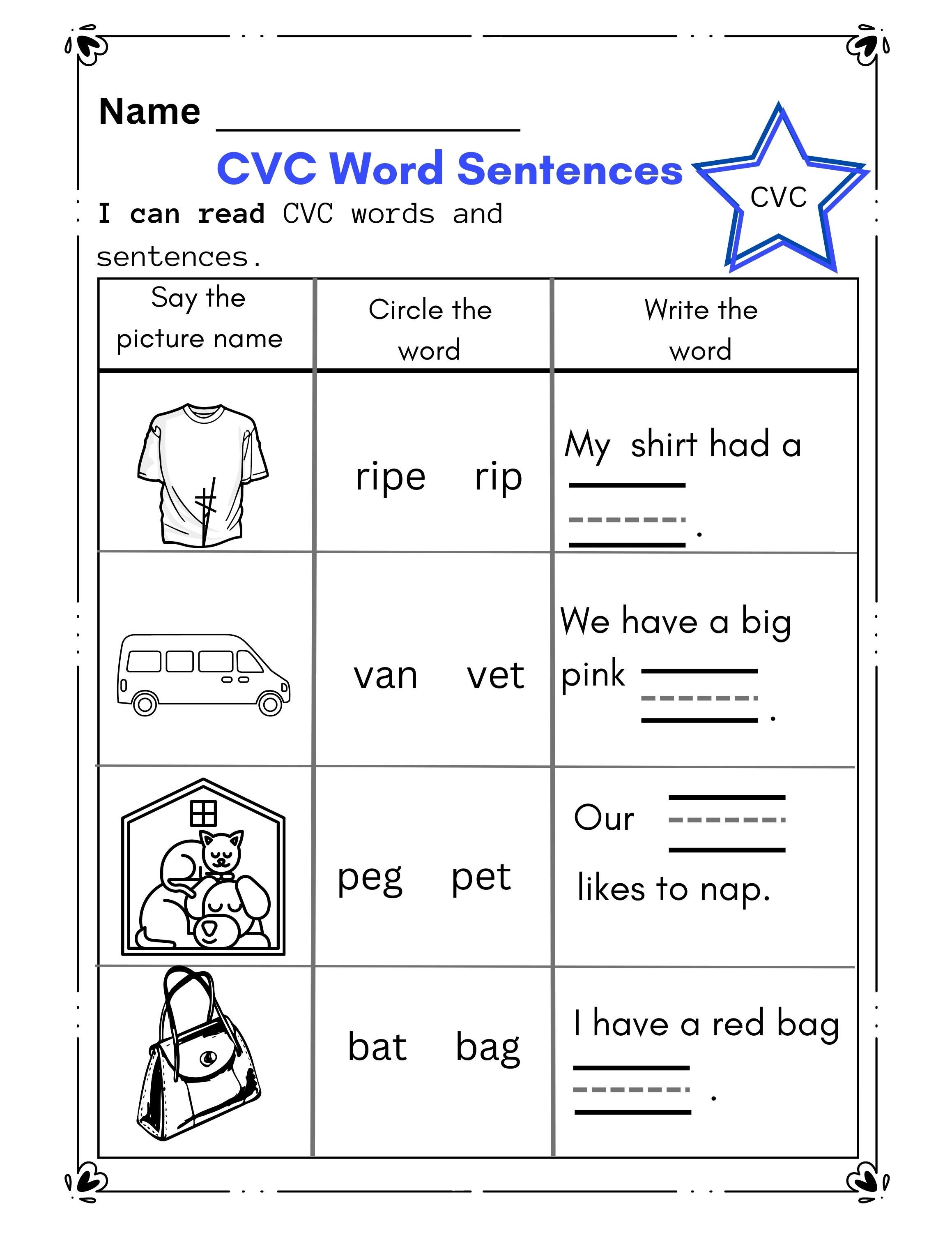 CVC Word Sentences and Short Vowel Word Practice - Etsy